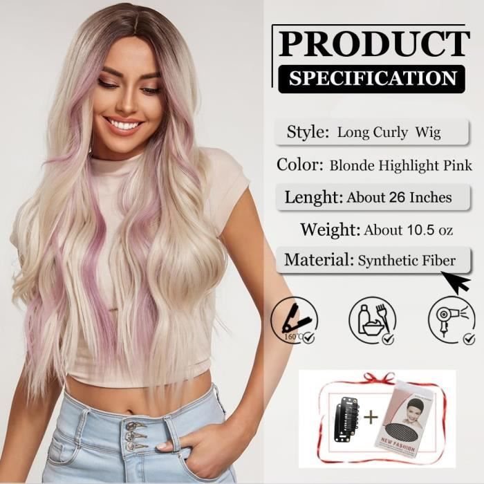 Longues Perruques Ondulées Blondes Avec Reflets Roses Pour Femmes ...