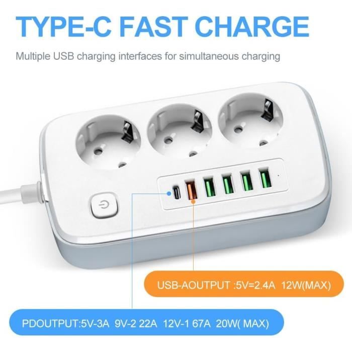 9 En 1 Multiprise Electrique, Multiprise Usb Avec 3 Prises Et 5 Ports ...
