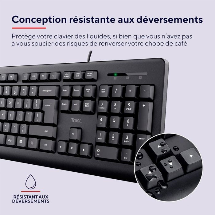 Trust Taro French AZERTY Wired Keyboard,Splash-Resistant,Quiet,1.8 m ...