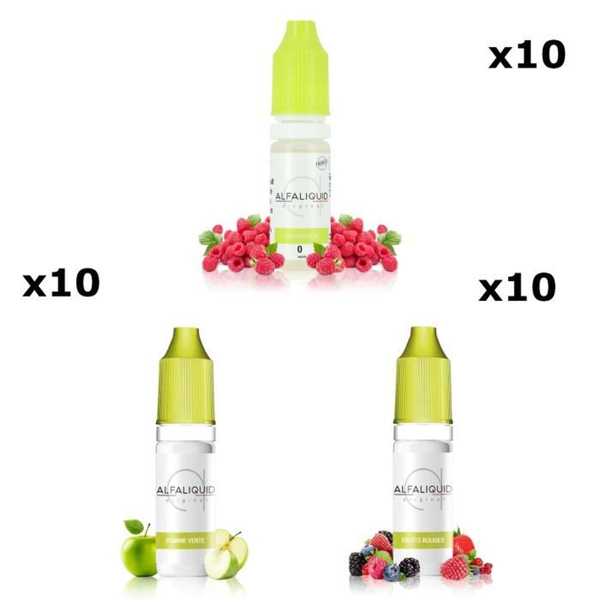 Pack x30 - Alfaliquid - Fruits Rouges x10, Framboise x10, Pomme Verte ...