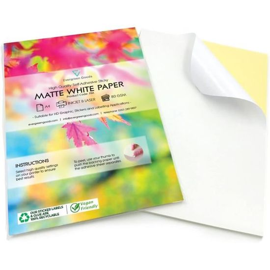 100 feuilles A4 de papier autocollant blanc mat, feuilles autocollantes ...
