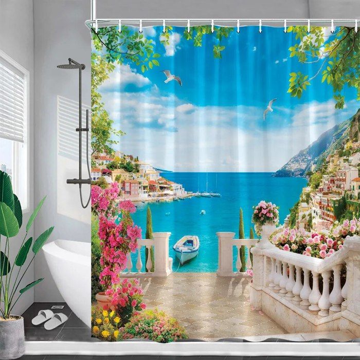 Rideau de douche paysage italien avec crochets,ville européenne vintage ...