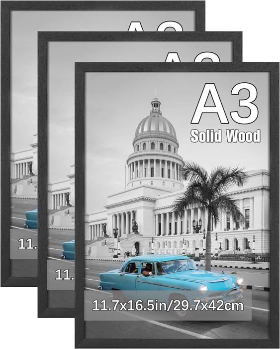 Cadre photo A3 set de 3 cadres photo en bois massif noir avec plexiglas ...
