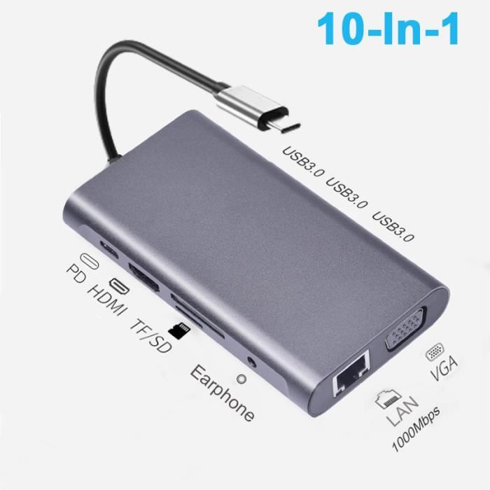 10 en 1 - Hub USB type c 10 en 1, adaptateur avec Ethernet RJ45 1000M, 4K, HDMI, VGA, PD, charge ...