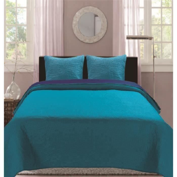 Turquoise And Bleu Couvre Lit Boutis Bi Color Lit 2 Places 3 Pièces 220x240cm