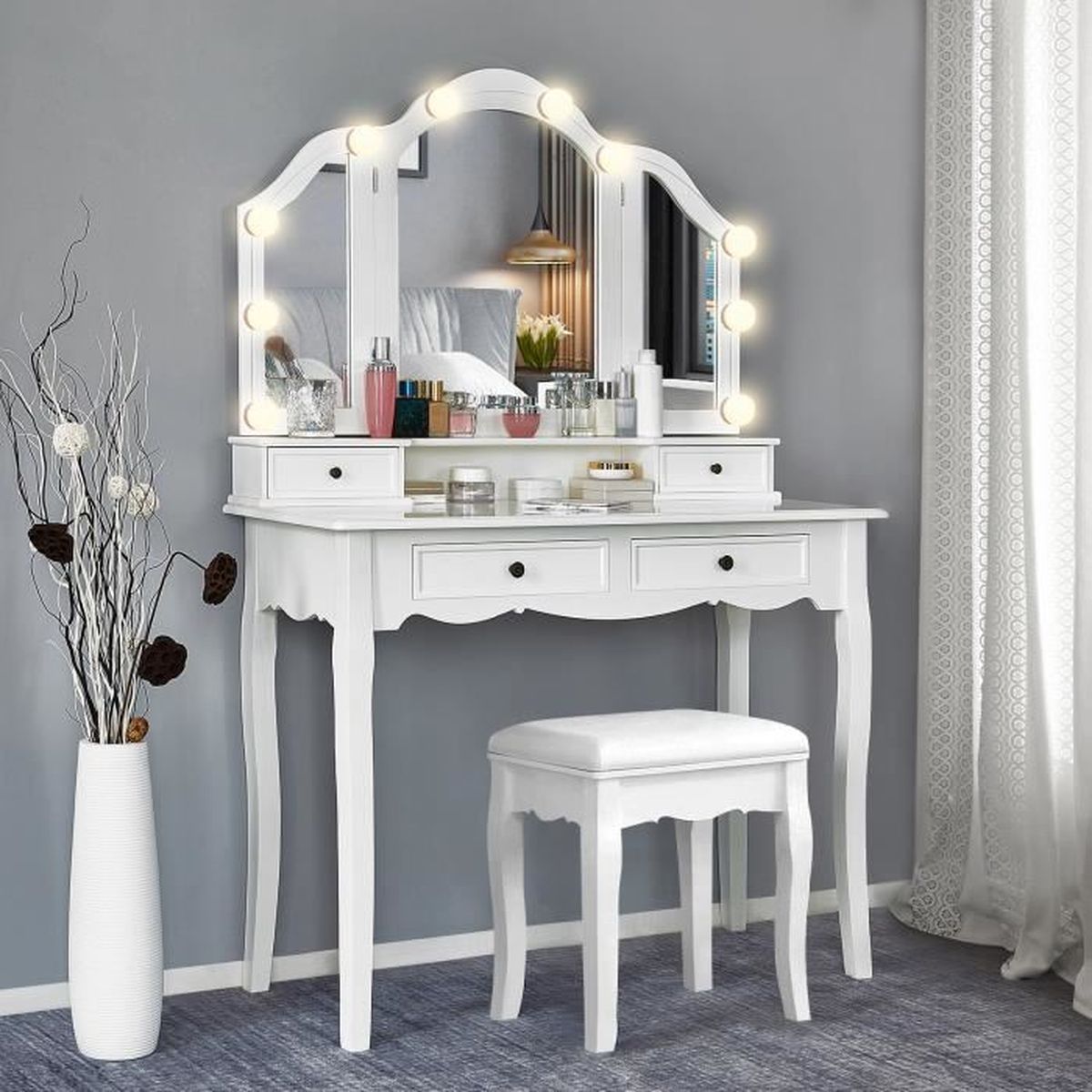 Coiffeuse Table de Maquillage avec 3 miroirs et 1 Tabouret, + 4 tiroirs ...