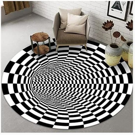 Tapis de Vision Stéréo 3D OEMG JY-001 N31 Tapis Rond Motif Piège Géométrique Blanc et Noir Tapis ...
