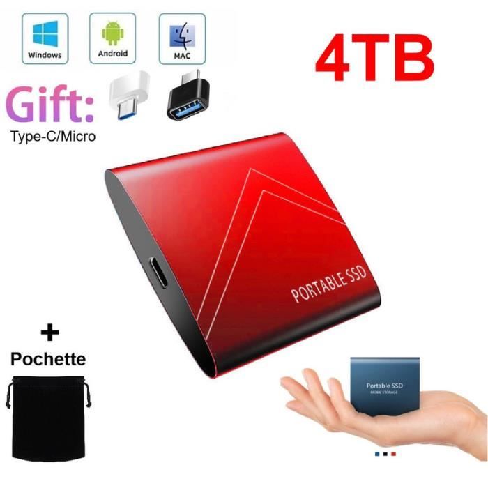Disque Dur Externe Portable SSD HDD 4TB 4To Rouge avec OTG Type-C Micro ...