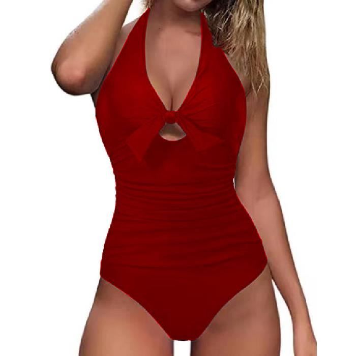 Maillot de Bain Femme 1 Pieces, Col V Gainant Ventre Plat Push Up Maillots de Bain Réglables ...