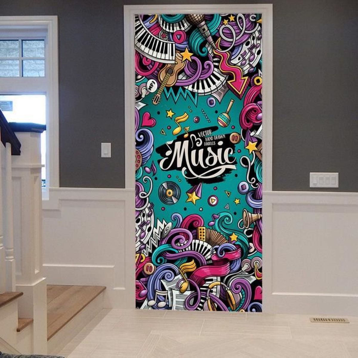 Sticker Porte Autocollant Poster de Porte 3D Instrument De Musique De ...