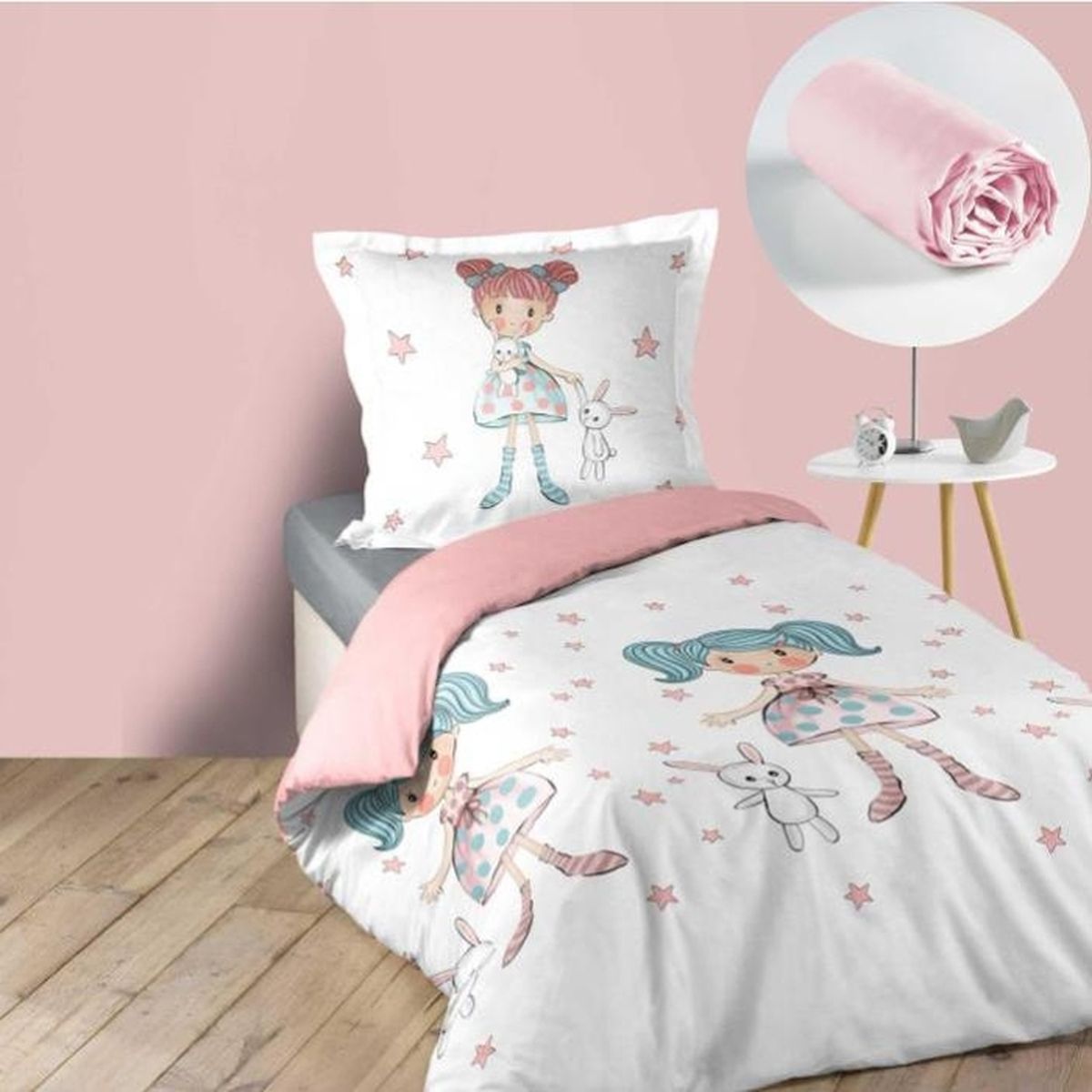 Pack Parure De Couette Enfant 140x200 Cm Zoé Drap Housse 90x190 Rose