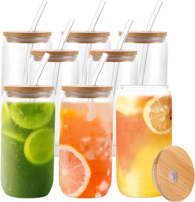 Lot de 8 verre bubble tea 500 ml, verre avec couvercle et paille, verre ...