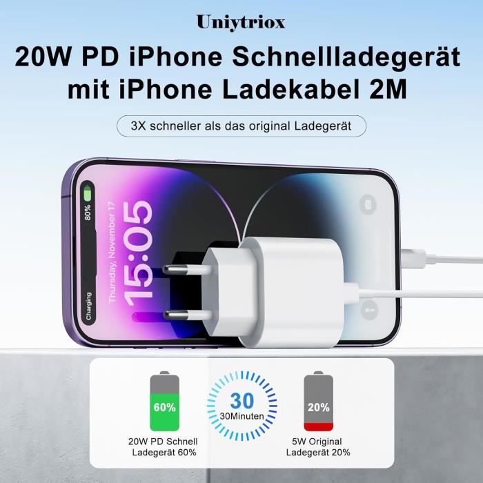 Chargeur Rapide Iphone, 20W Chargeur Iphone Usb C Prise Avec 2M Câble ...