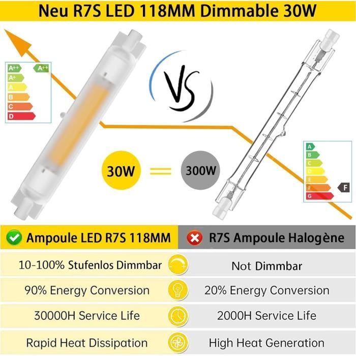 R7S LED 118 mm à intensité variable 30 W Blanc naturel 4500 K 360 ...