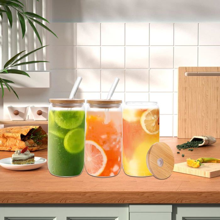 Lot de 8 verre bubble tea 500 ml, verre avec couvercle et paille, verre ...