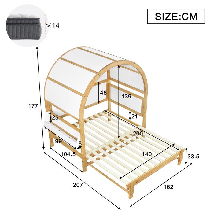 Lit gigogne 140x200 cm,lit ado/enfant extensible avec toit arche et ...