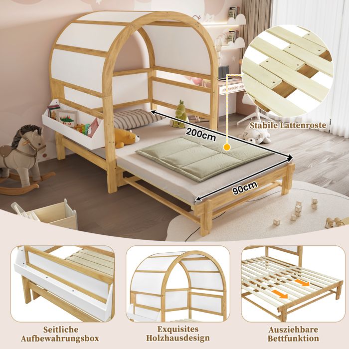 Lit gigogne 140x200 cm,lit ado/enfant extensible avec toit arche et ...