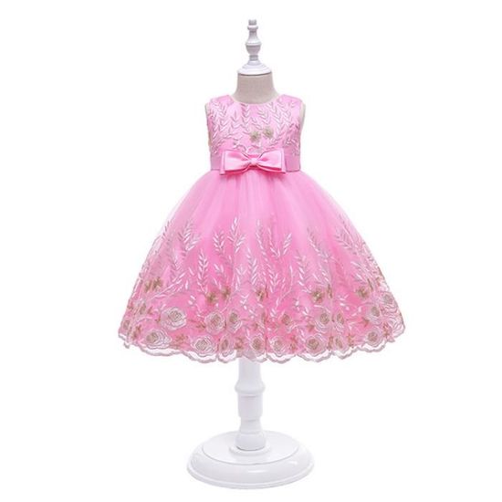 Robe De Cérémonie Mariage Fille Col Rond Sans Manche Broderie Plisse