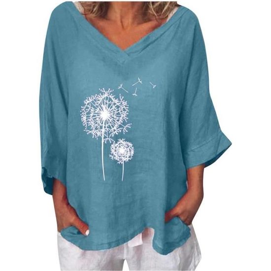 Femmes Blouses Coton Lin Col en V Chemise Chic Simple Haut Manche ...