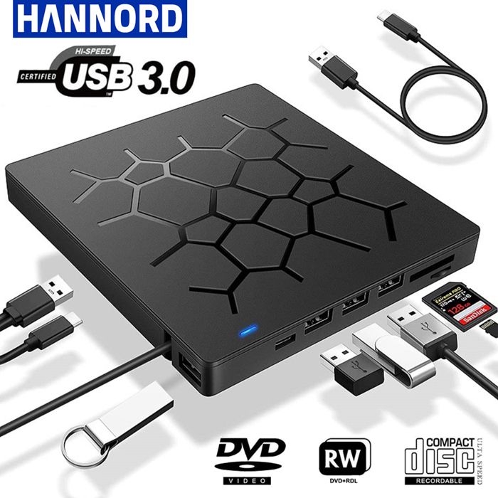 Lecteur CD/DVD externe USB 3.0 Type-C 6 en 1, lecteur optique avec SD ...