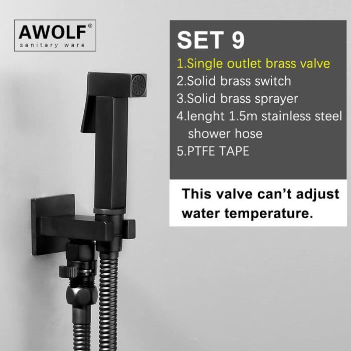 Bidet,Awolf Raccord de Douche Hygiénique Noir Mat Ensemble de ...