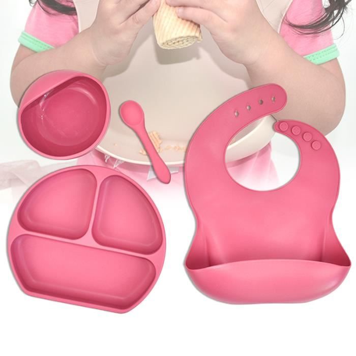 4 pcs de couverts pour bébé avec cuillère en silicone, assiette, bol et ...