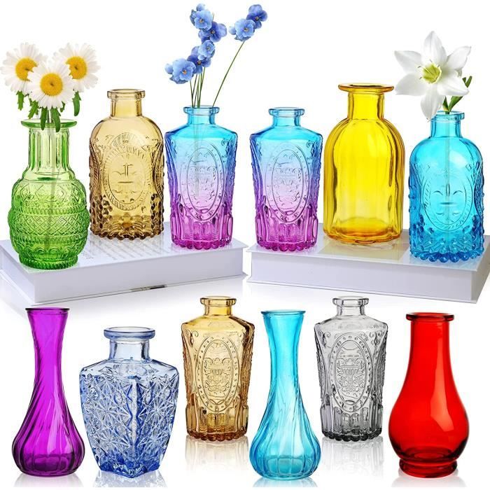 INFTYLE Lot de 12 vases colorés en verre - Petits vases colorés vintage ...
