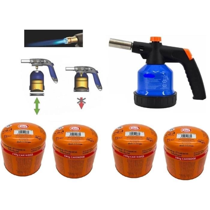 SMH LINE Brûleur à gaz avec 4 cartouches à souder chalumeau à souder Allume-gaz Bunserûleur à ...