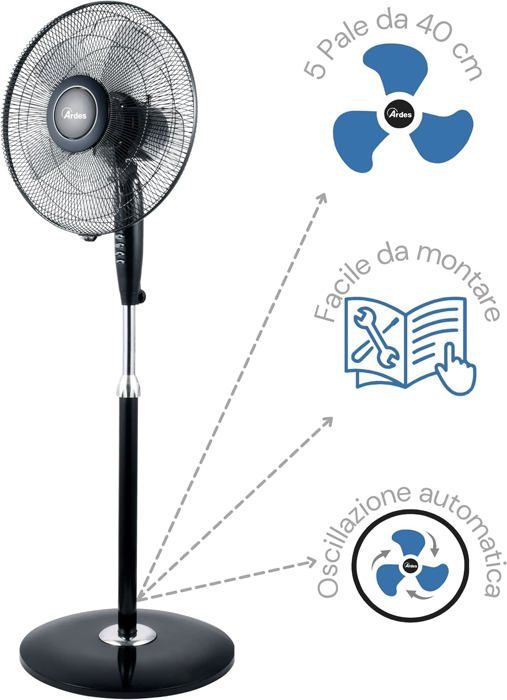 Ventilateur sur pied Puissant et silencieux, 5 pales 40 cm, Oscillant ...