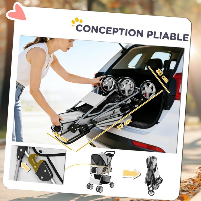 Poussette buggy pliable animaux - PawHut - porte-gobelet panier de ...