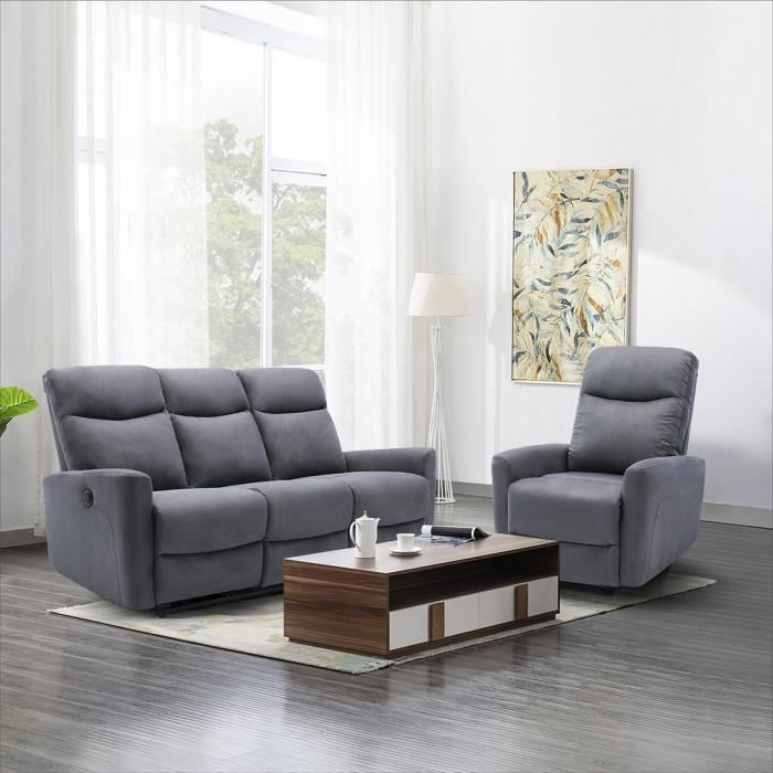Ensemble canapé 3 places et fauteuil relax manuel - Tissu gris - JESS ... Ensemble canapé 3 places et fauteuil relax manuel - Tissu gris - JESS ...