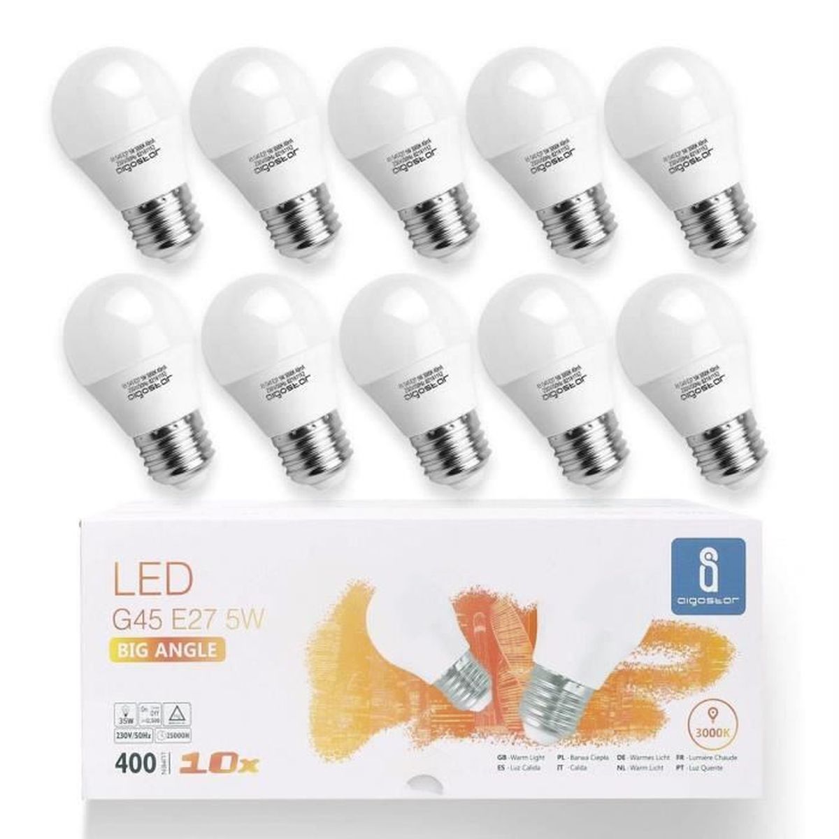 Aigostar - Lot de 10 ampoules LED G45 E27 (grosse vis), 5W. Lumière ... Aigostar - Lot de 10 ampoules LED G45 E27 (grosse vis), 5W. Lumière ...