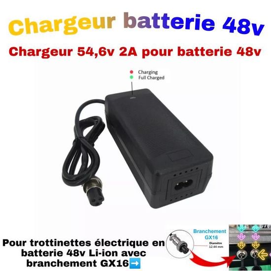 Chargeur batterie 48v chargeur 54,6v 2A - Pour trottinette électrique Avec branchement GX16 ...