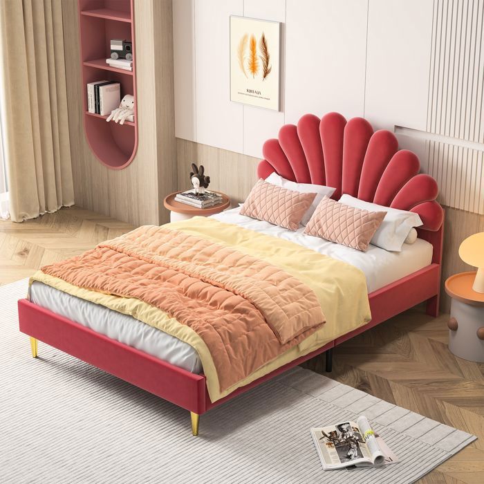 Lit princesse - LUMINARIX - 140x190 cm - Tête de lit en pétale - Tissu ...