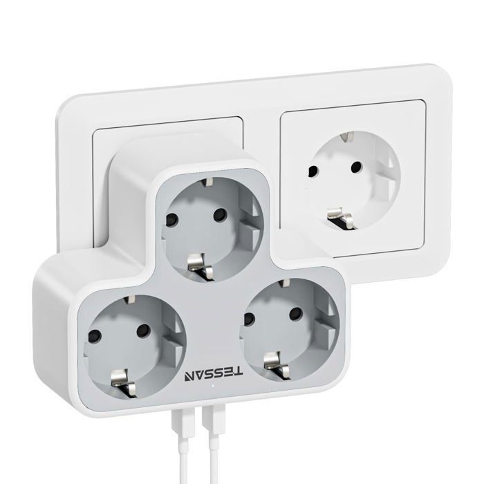 TESSAN Multiprise murale avec 3 prises murales CA, 2 USB, 3600W, prise ...