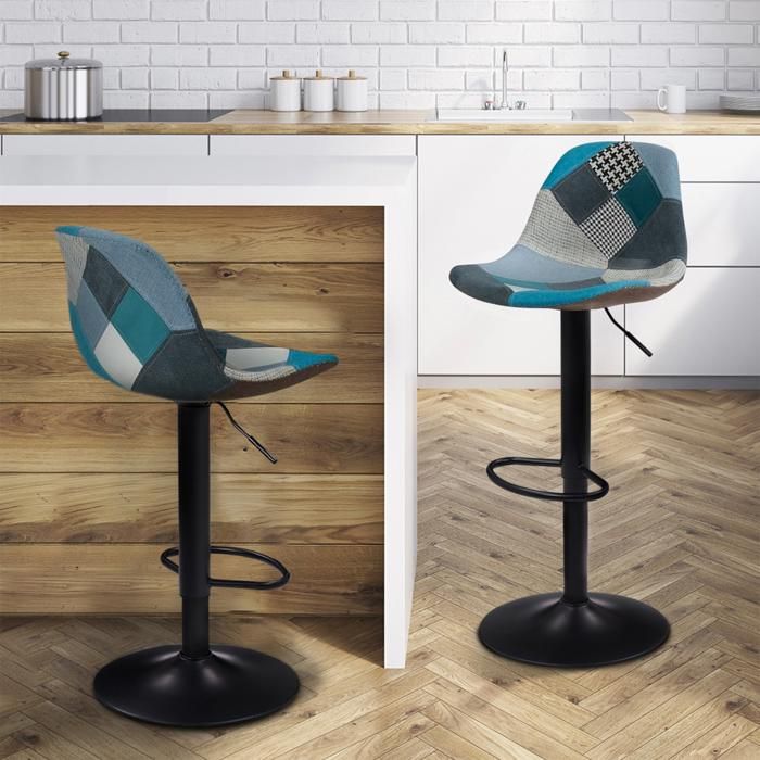 IDMARKET Lot de 2 tabourets de bar KARL design patchworks bleus pied ...