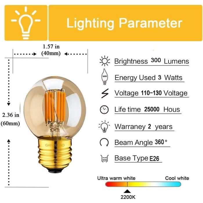 AMPOULE LED,G40G 3W-2 PCS-Oui-E26 110V--Mini ampoule Globe G40, ampoules à Filament Edison 1W 3W ...
