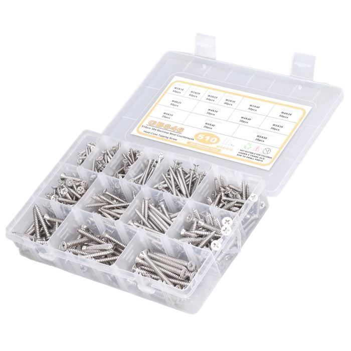 Zerone vis autotaraudeuses 510 pièces vis à tête fraisée 304 en acier inoxydable croix ...