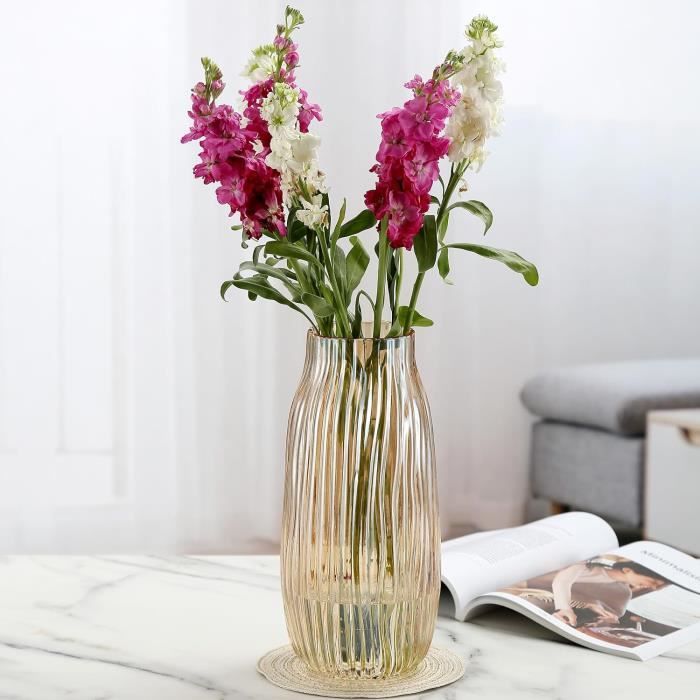 Grand vase en verre ambré nervuré pour fleurs, grand vase de sol doré ...