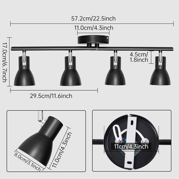 Plafonnier LED 4 Spots Industriel Orientables Luminaire Plafonnier ...