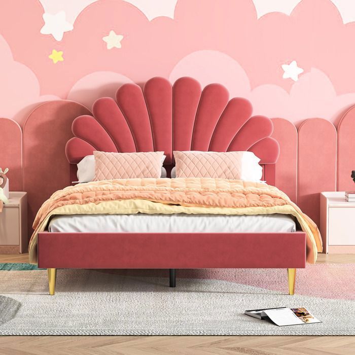 Lit princesse - LUMINARIX - 140x190 cm - Tête de lit en pétale - Tissu ...