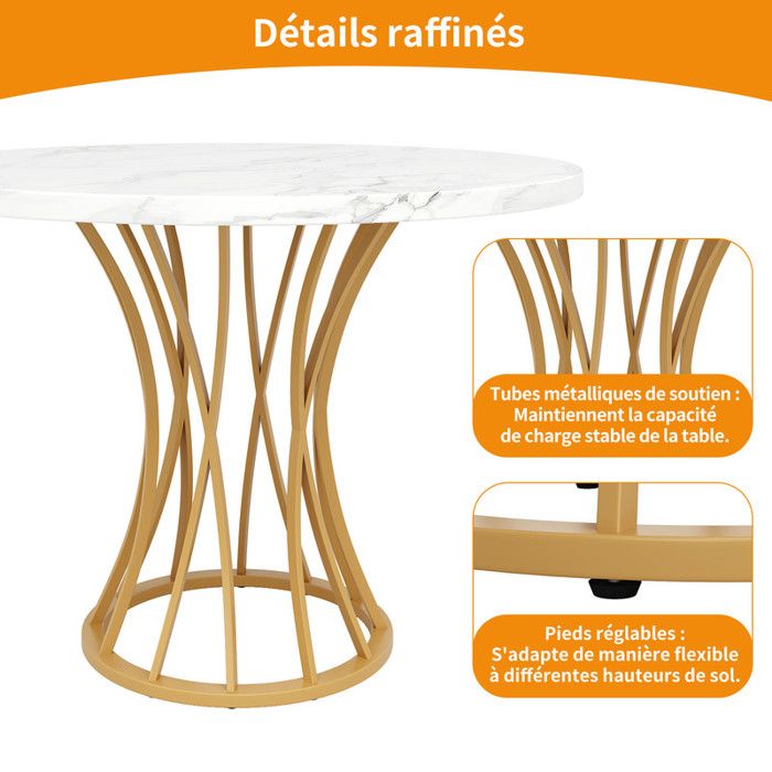 Table à Manger Ronde 80cm - Imitation Marbre - Pieds Dorés Réglables ...