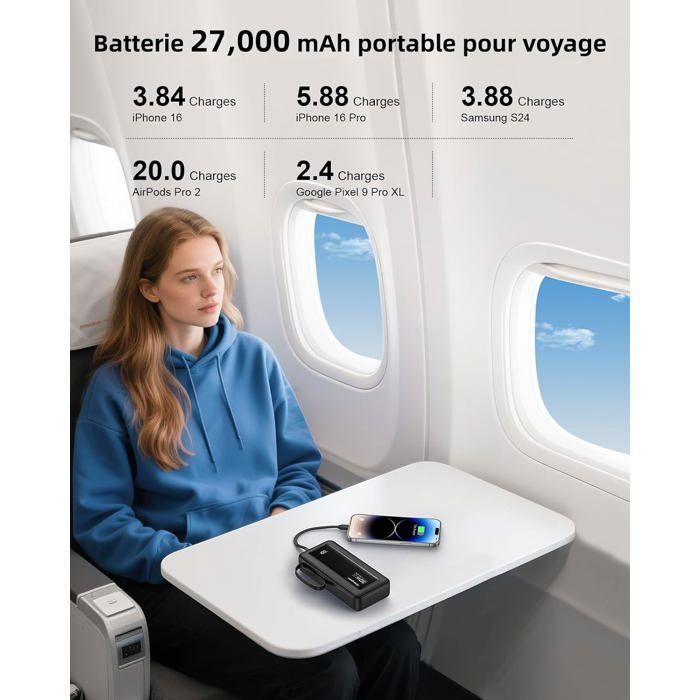 Power bank 30W 27000mAh charge rapide - Câbles intégrés USB C input ...