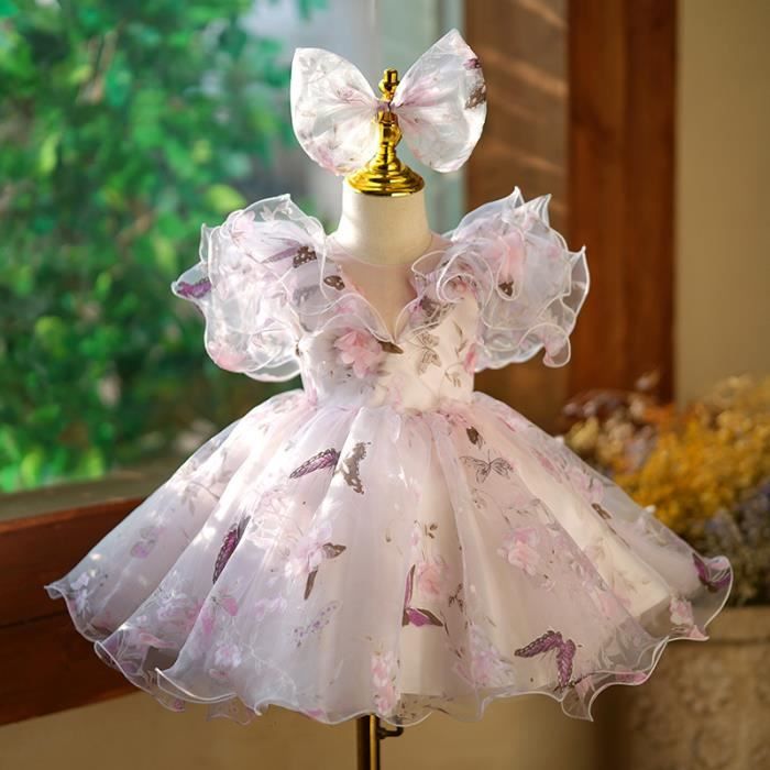 Robe de soirée princesse pour filles à la mode imprimé à volants Rose ...