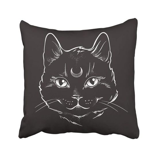 Mignon chat noir lune son front ligne point travail Wiccan familier esprit taie d'oreiller ...
