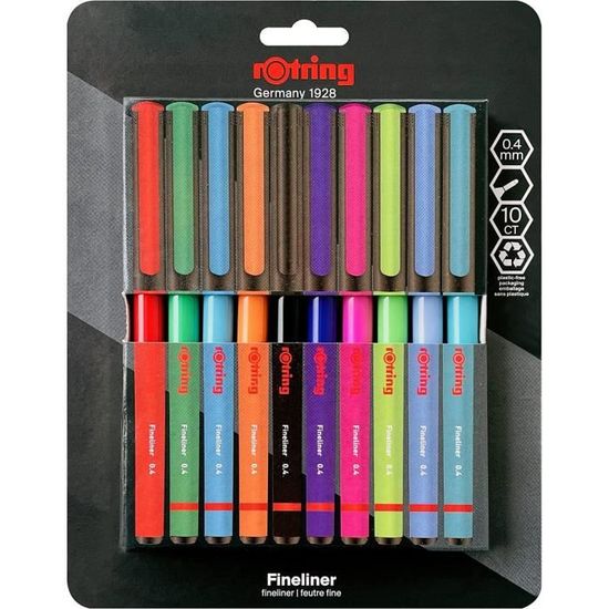 Feutre fin - ROTRING - 0,4 mm - Pointe sertie de métal - Blister de 10 ...