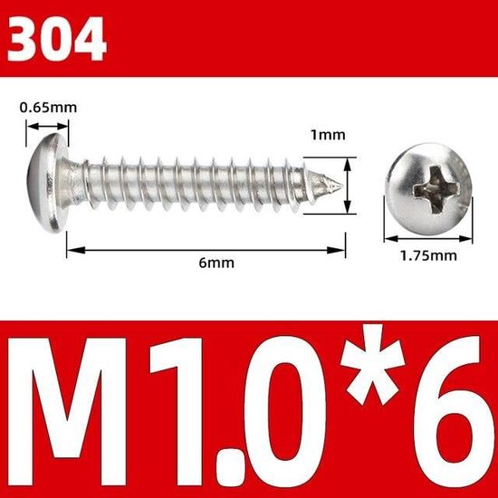 VIS,Rouge-500 Pcs--Vis autotaraudeuse M1.0 à tête ronde en acier inoxydable 304, vis à bois ...