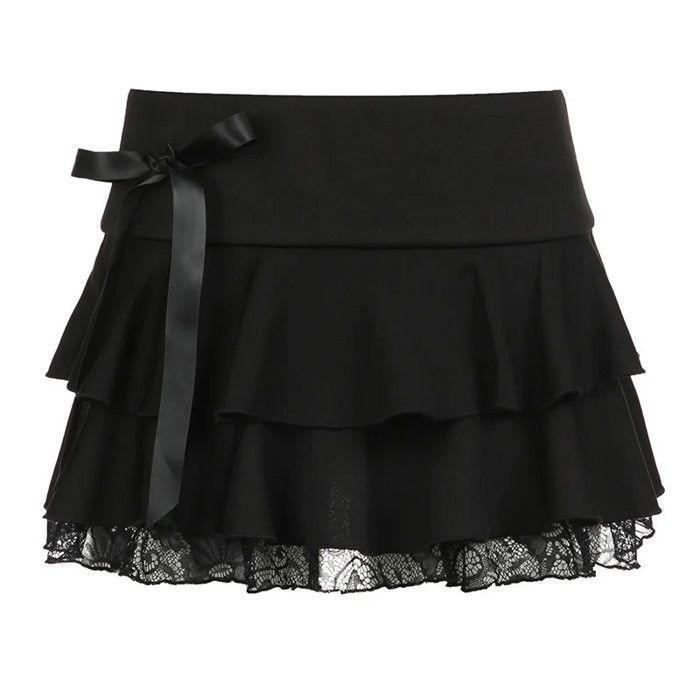 Dark Academia-Mini jupe trapèze en dentelle noire,taille basse,coutures ...