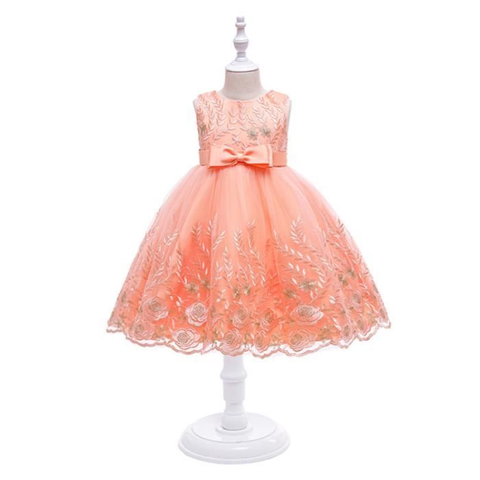 Robe De Cérémonie Mariage Fille Col Rond Sans Manche Broderie Plisse