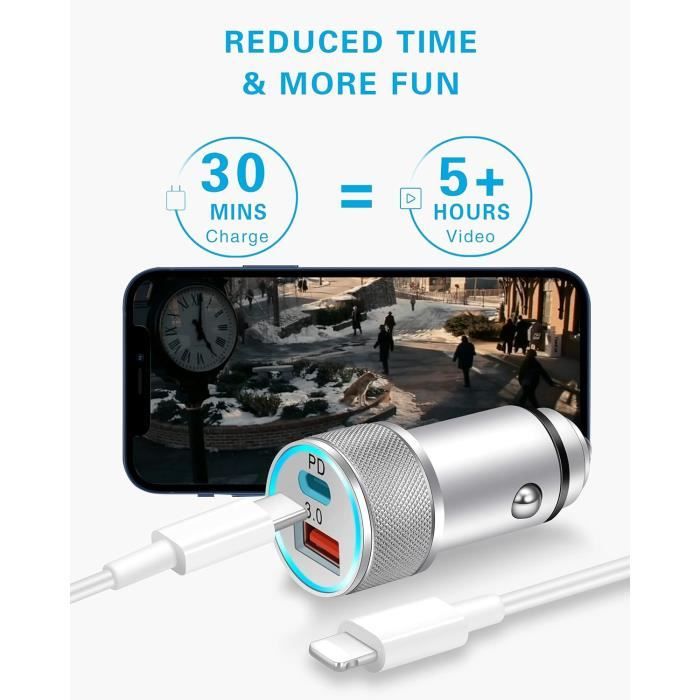 Chargeur Voiture Iphone Et Câbles, Prise Allume Cigare Usb C Rapide 38W 2 Ports (Pd-Qc) Et 2X ...